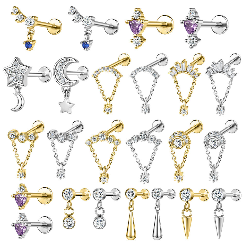 Jual 316L Stainless Steel Ear Stud 1 Pc Colotful Cubic Zircon Labret ...