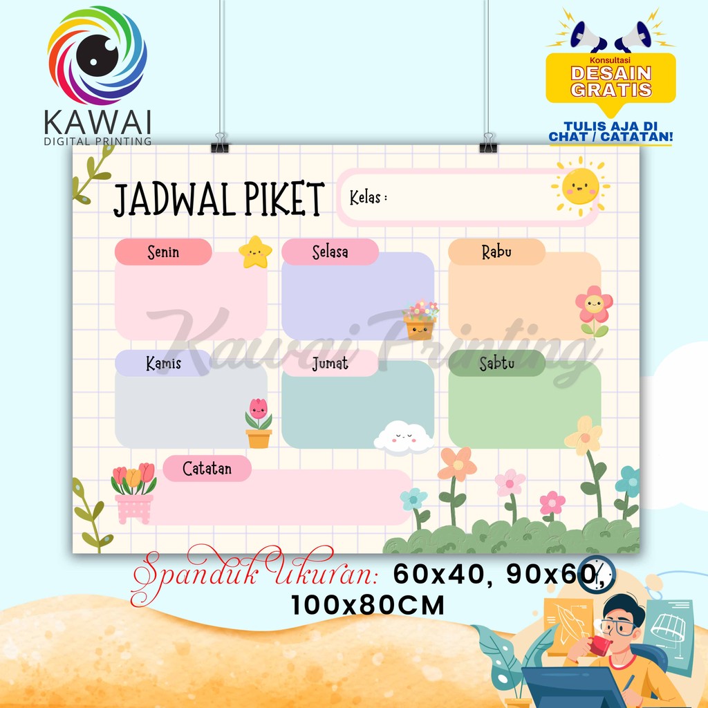Jual SPANDUK / BANNER Jadwal Piket Tema Taman Bunga Lucu Free Desain ...
