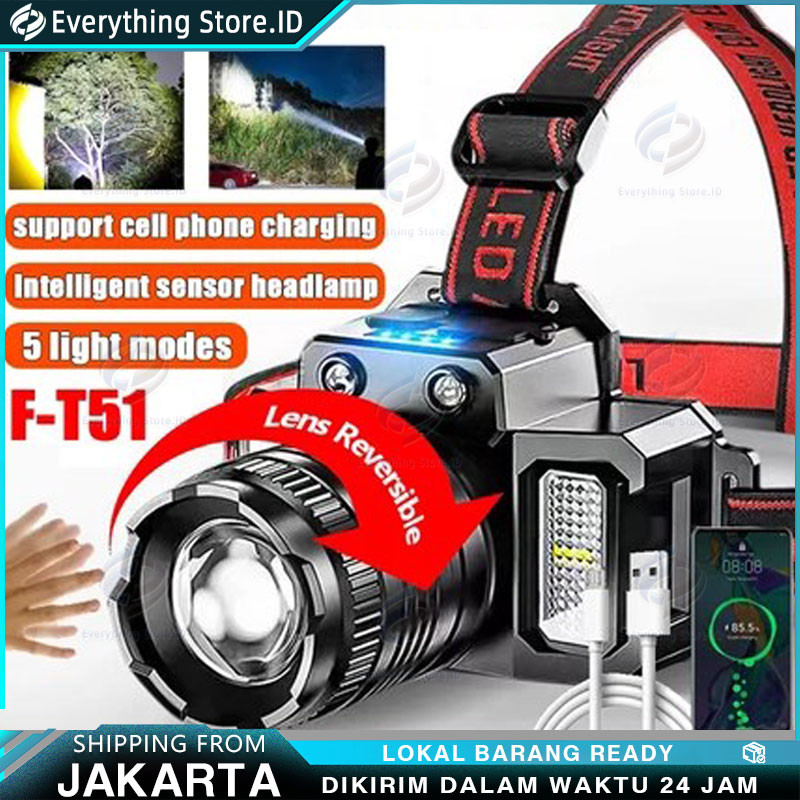 Jual Lampu Kepala LED/Headlamp F-T51/Super Terang 5000 Lumen/USB Charging Senter/Dengan Sensor ...