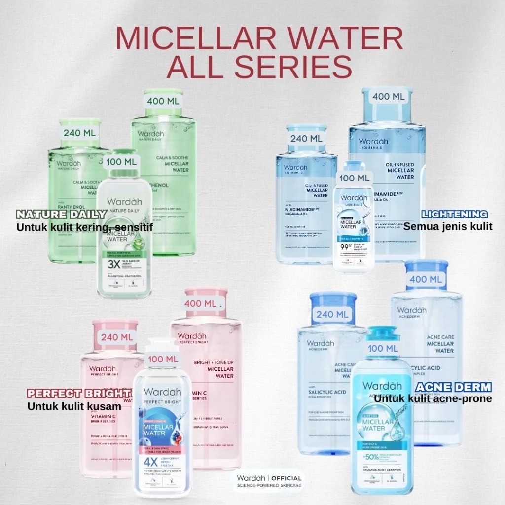 Jual Wardah Micellar Water Series Lightening Acnederm Perfect Bright ...