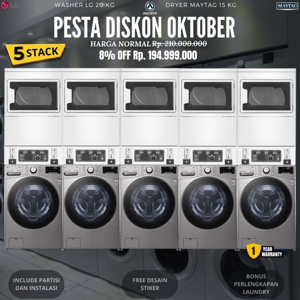 Jual Paket Mesin Laundry Koin 5 set Stack Mesin Cuci LG 20 kg & Mesin Pengering Maytag 15 kg ...