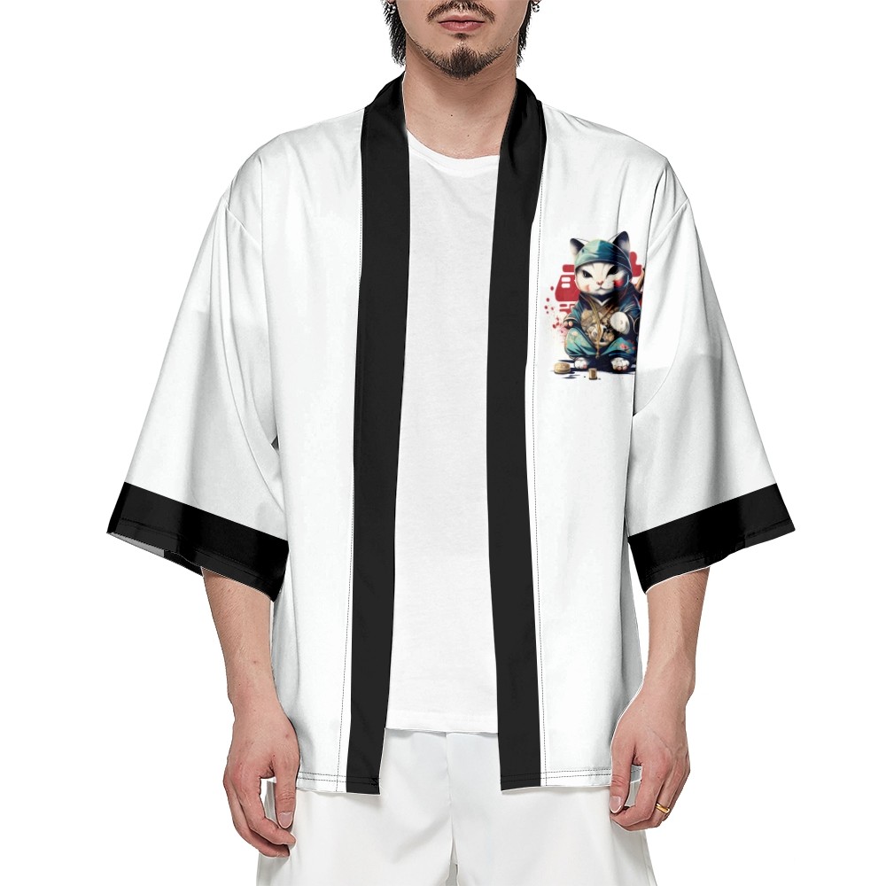 Jual Loose Casual White Japanese Samurai Cat Pattern Harajuku Kimono for Women Men Cosplay Haori ...