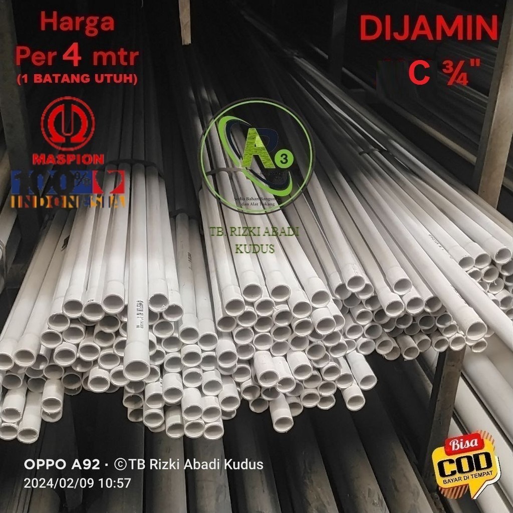 Jual RH Paralon Pralon Pvc Pipa Air MASPION C Putih 3/4" (26 mm) MOF ...