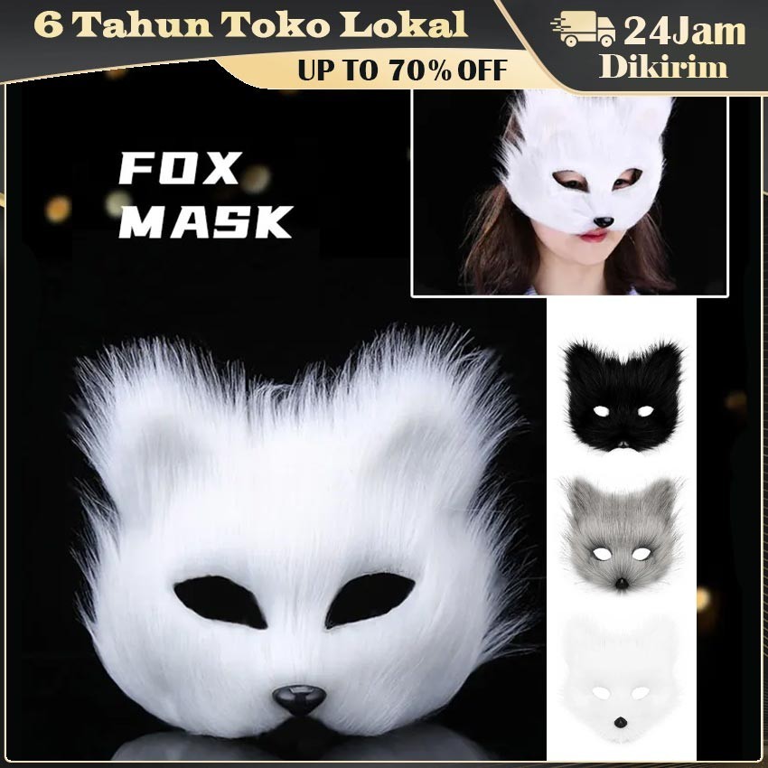 Jual Topeng Kitsune Rubah Setengah / Fox Mask dengan Rambut untuk Pesta ...