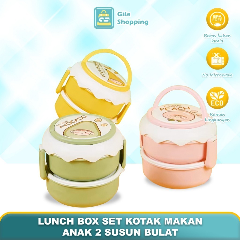 Jual Lunch Box Set Kotak Makan Anak 2 Susun Bulat Tebal Tahan Panas WL ...