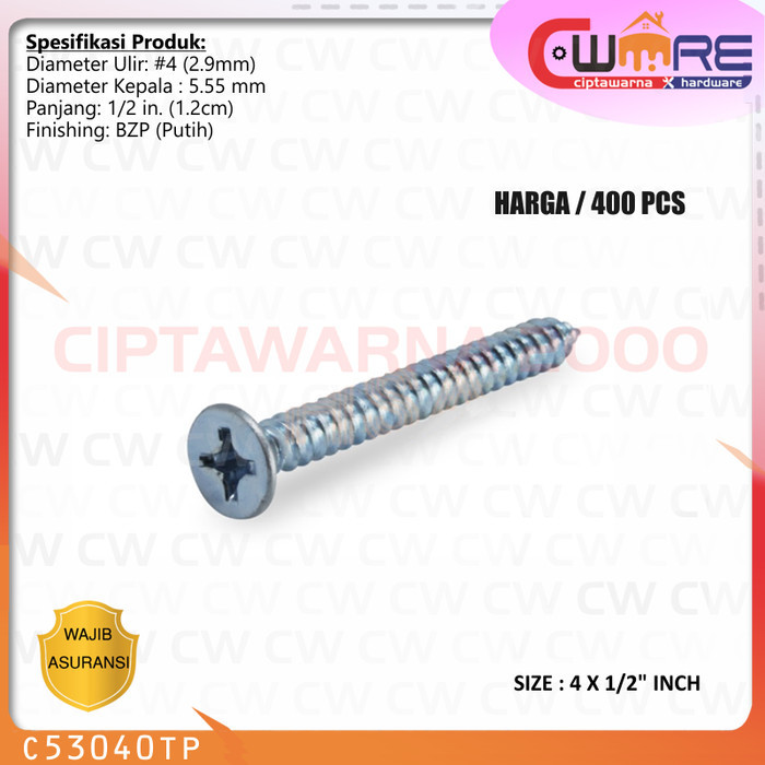 Jual Skrup Sekrup Tapping Taping Screw FH Kepala Datar 4 X 1/2 (1.2cm ...