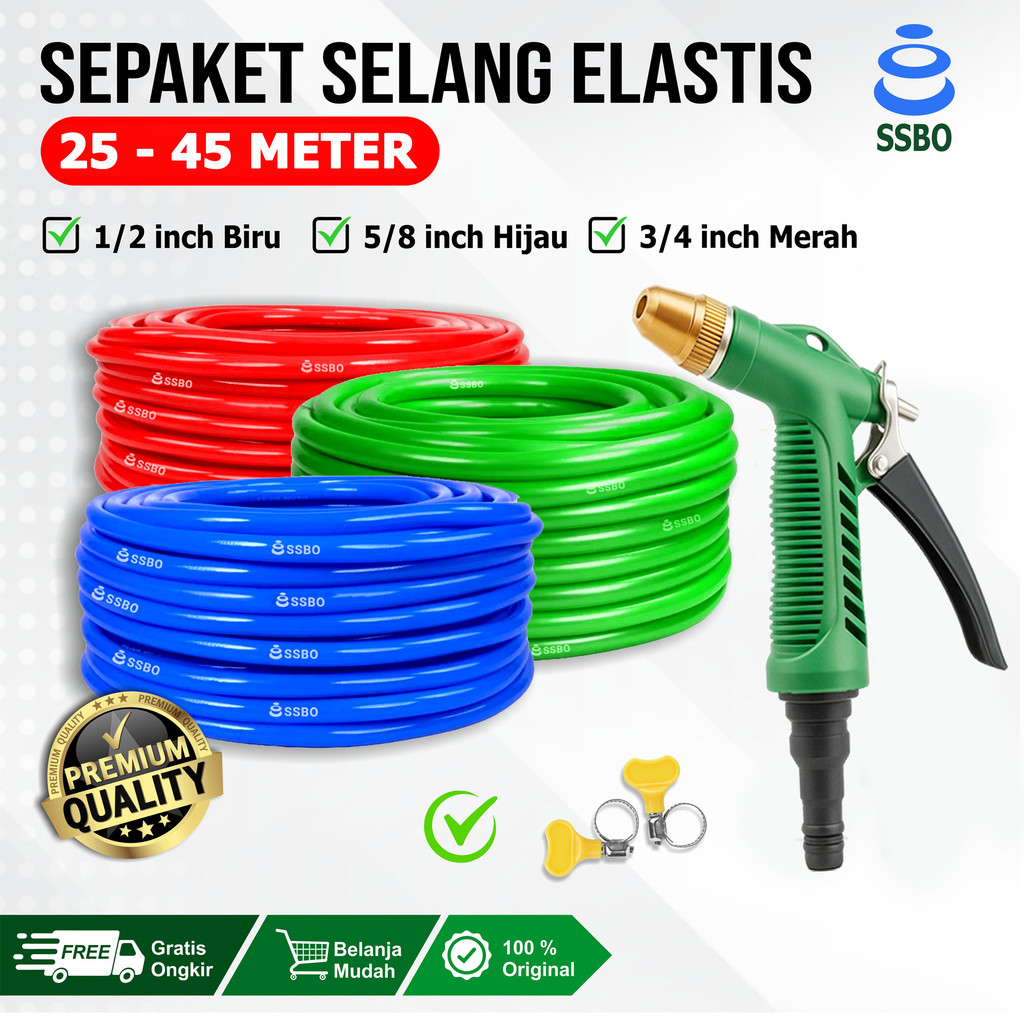 Jual SSBO paket Semprotan Selang Air Elastis 1/2 5/8 3/4 Inch 25-45 Meter Jet Spray Kebun Cuci ...