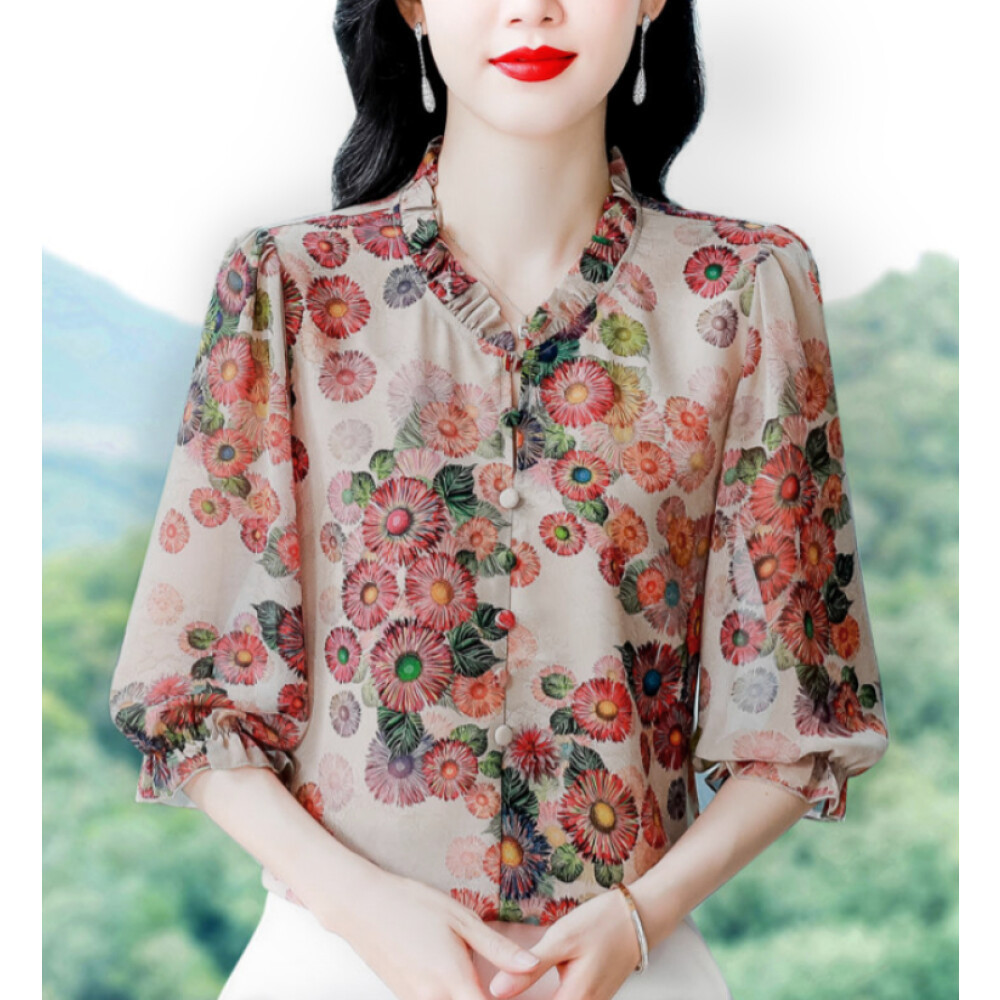 Jual Kemeja Motif Bunga Wanita丨Atasan Wanita Lengan Kancing丨Atasan Terbaru丨V-Neck丨Atasan Wanita ...