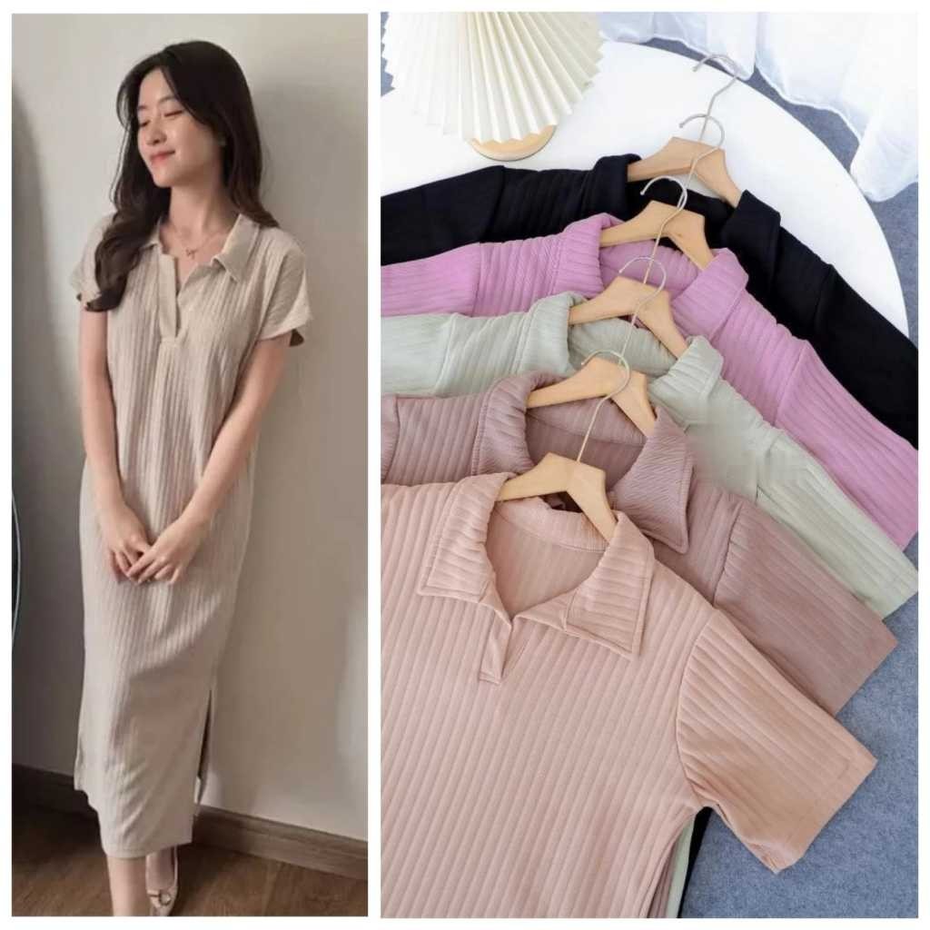 Jual Clothes Mart - MATILDA KNIT SLIT DRESS CNY POLOS RIB RAJUT PREMIUM DRESS KERAH COLLAR ...