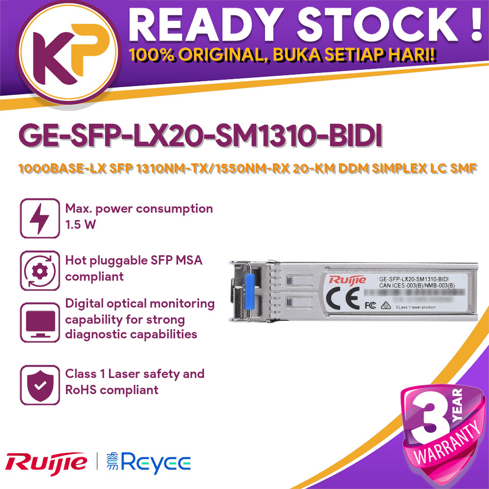 Jual RUIJIE REYEE GE-SFP-LX20-SM1310-BIDI 1000BASE-LX SFP 1310NM-TX/1550NM-RX 20-KM DDM SIMPLEX ...