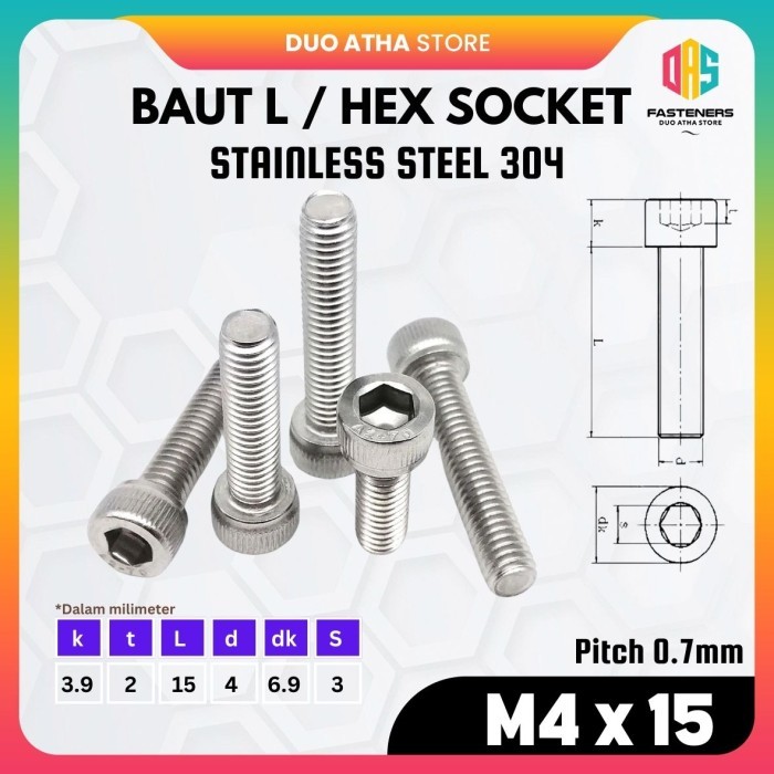 Jual Baut L M4x15 Stainless Steel 304 / Hex Socket Screw Bolt M4 x 15 SS304 | Shopee Indonesia