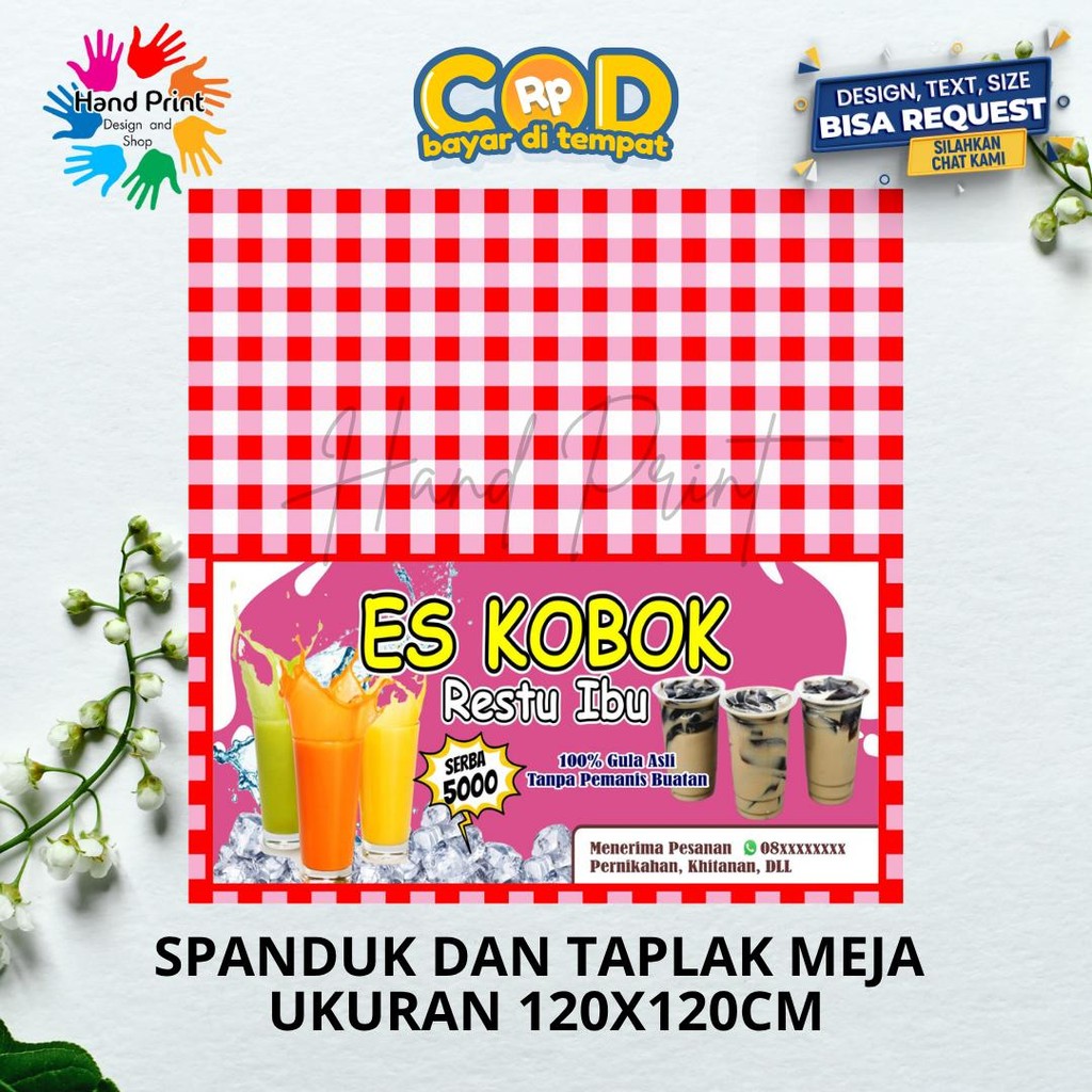 Jual Cetak Spanduk Banner Taplak Meja Es kobok pink MMT Custom 120x120 ...