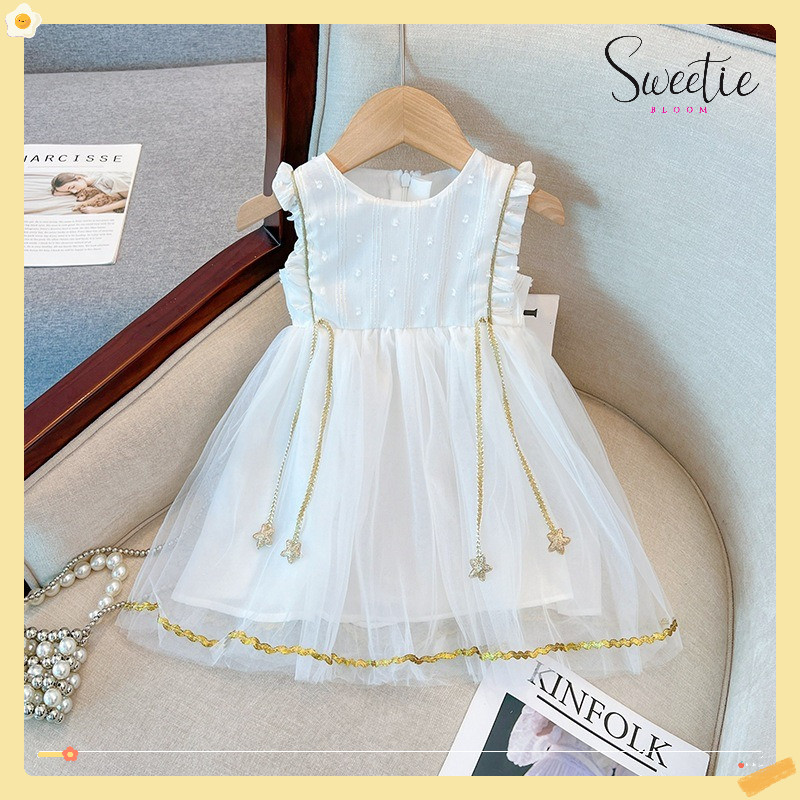 Jual 【Sweetie Bloom】Gaun Putih Anak Perempuan Satin Bintik Halus Lengan ...