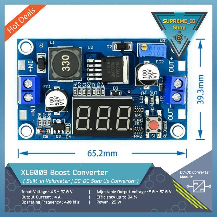Jual DN99 XL6009 DC-DC Step Up Boost Converter + Built-in LED Voltmeter | 4A 10W | Shopee Indonesia