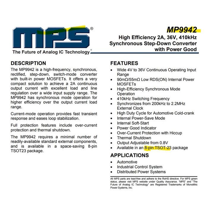 Jual MP9942 High-Efficiency, 2A, 36V, 410kHz, Synchronous Step Down ...