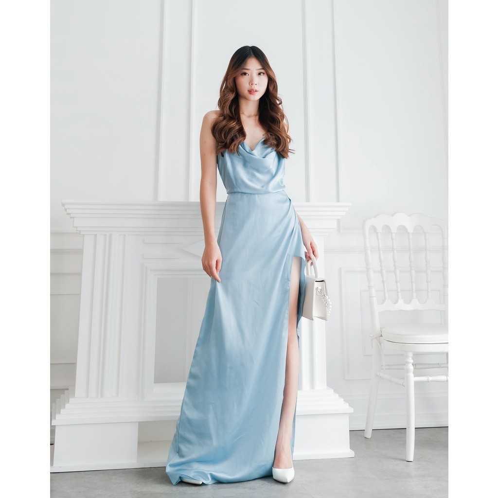Jual SOLANI Long Dress Satin Party Dress slit drapery satin pesta ...