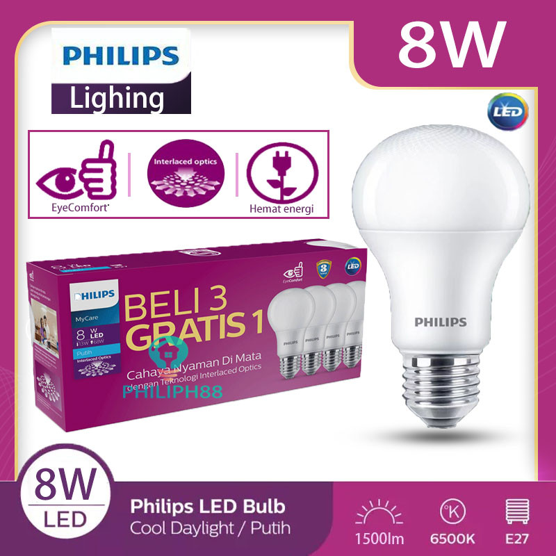 Jual 【Beli 3 gratis 1】Lampu LED Philips 9W 12W Bulb 6500K Putih 5watt E27 low loss rumah Led ...