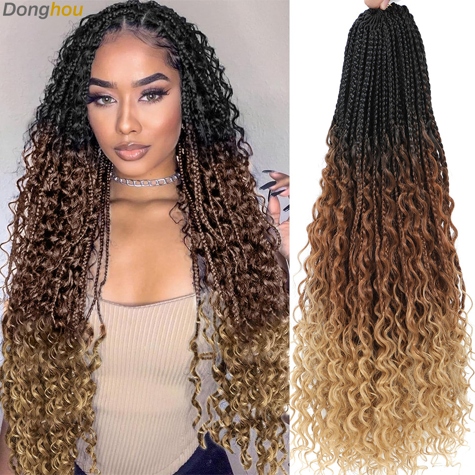 Jual 14 18 24 Inch Boho Box Braids Crochet Braids Curly Ends 1B 30 27 ...