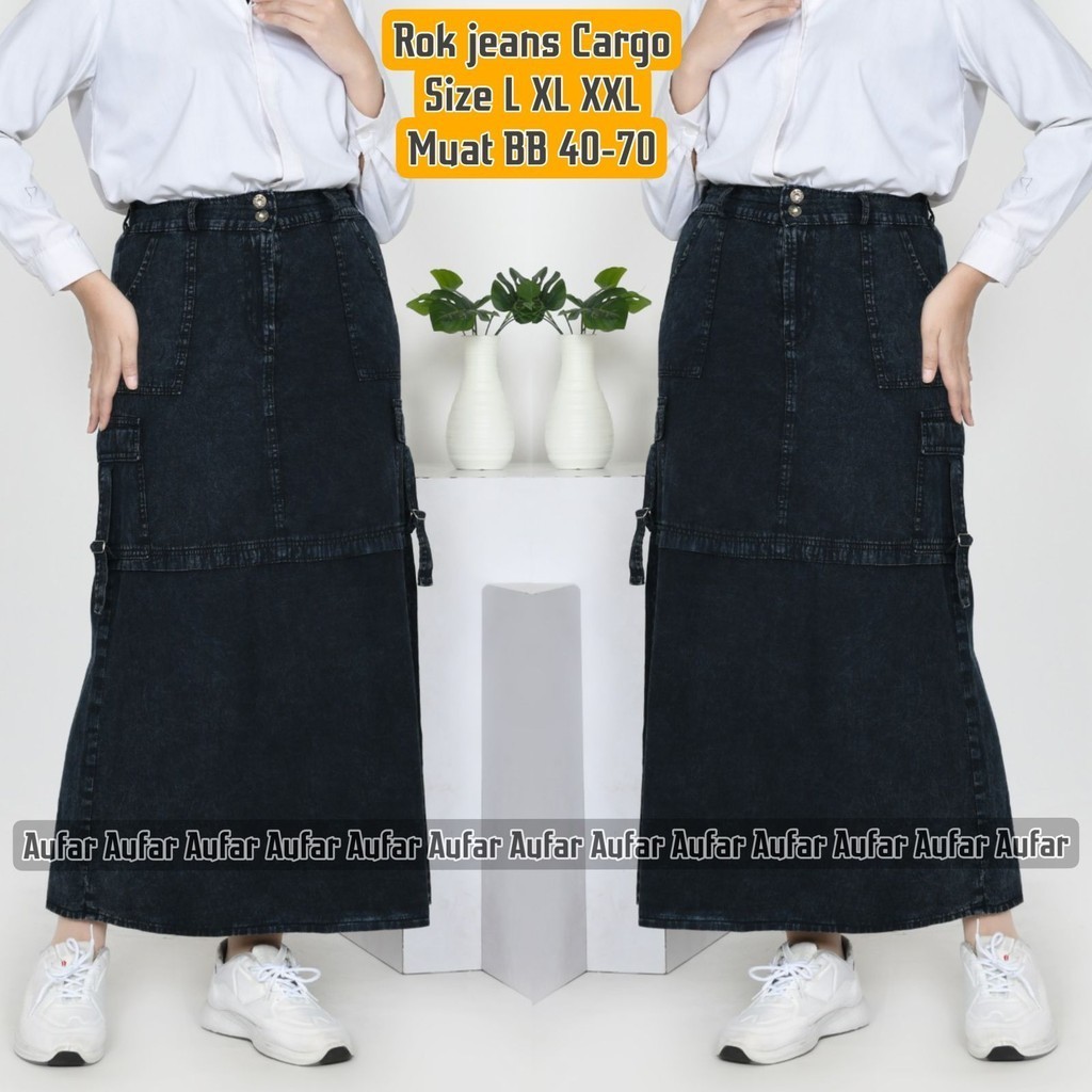 Jual rok wanita kekinian rok jeans cargo highwaist size L-XL-XXL ...