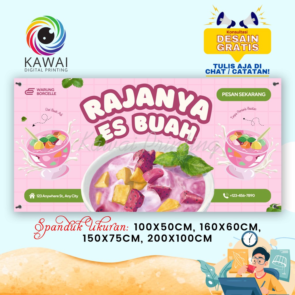 Jual SPANDUK / BANNER Jualan Es Buah Segar Pink Free Desain | Shopee ...
