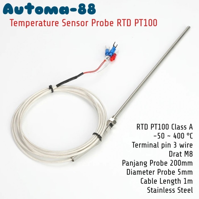 Jual Temperature Sensor Suhu Thermocouple PT100 Probe 200mm 3 Kabel 1M ...