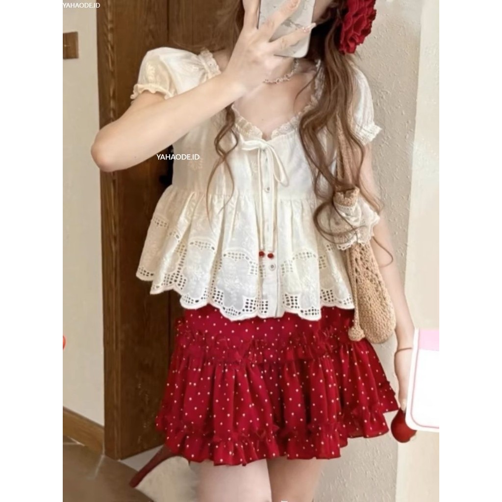 Jual 【YAHAO】Rok Merah Polkadot Retro Rok A-line Super Cantik Modis Dan ...