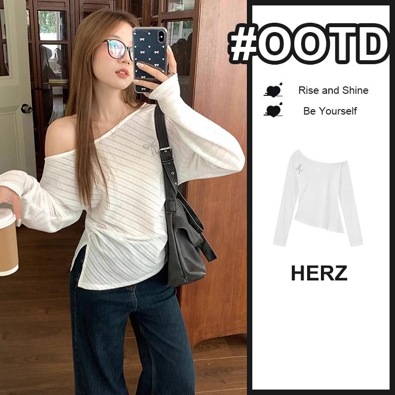 Jual kaos off-shoulder wanita korean atasan lengan panjang busur desain ...