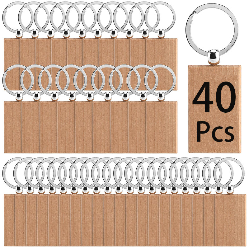 Jual 40Pcs Rectangle Wood Keychain Wooden Key Ring DIY Blank Wooden Key ...