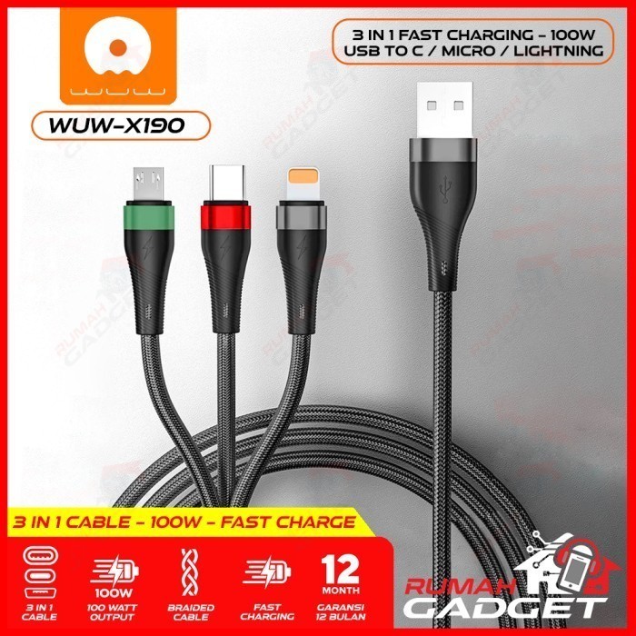 Jual Cable - Kabel Data - WUW - 3 in 1 - Fast Charging - 100w - Braided | Shopee Indonesia