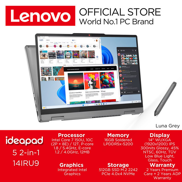 Jual Laptop Lenovo IdeaPad 5 2-in-1 Touch 14IRU9 WUXGA Core 7 16GB 512GB - 0CID Luna Grey ...