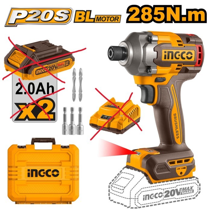 Jual Cordless Impact Driver 285 N.m Brushless 20V INGCO CIRLI2028 Mesin ...