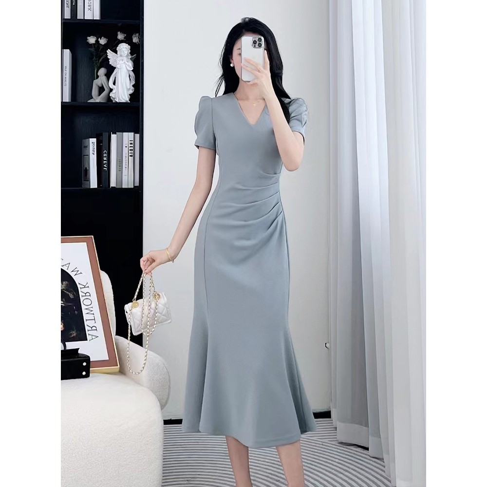 Jual dress biru korean style pesta wanita kekinian Lengan Pendek formal ...