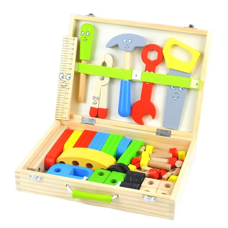 Jual Wooden Tool Box 69pcs Cartoon Wooden Play Tools Workbench Set ...