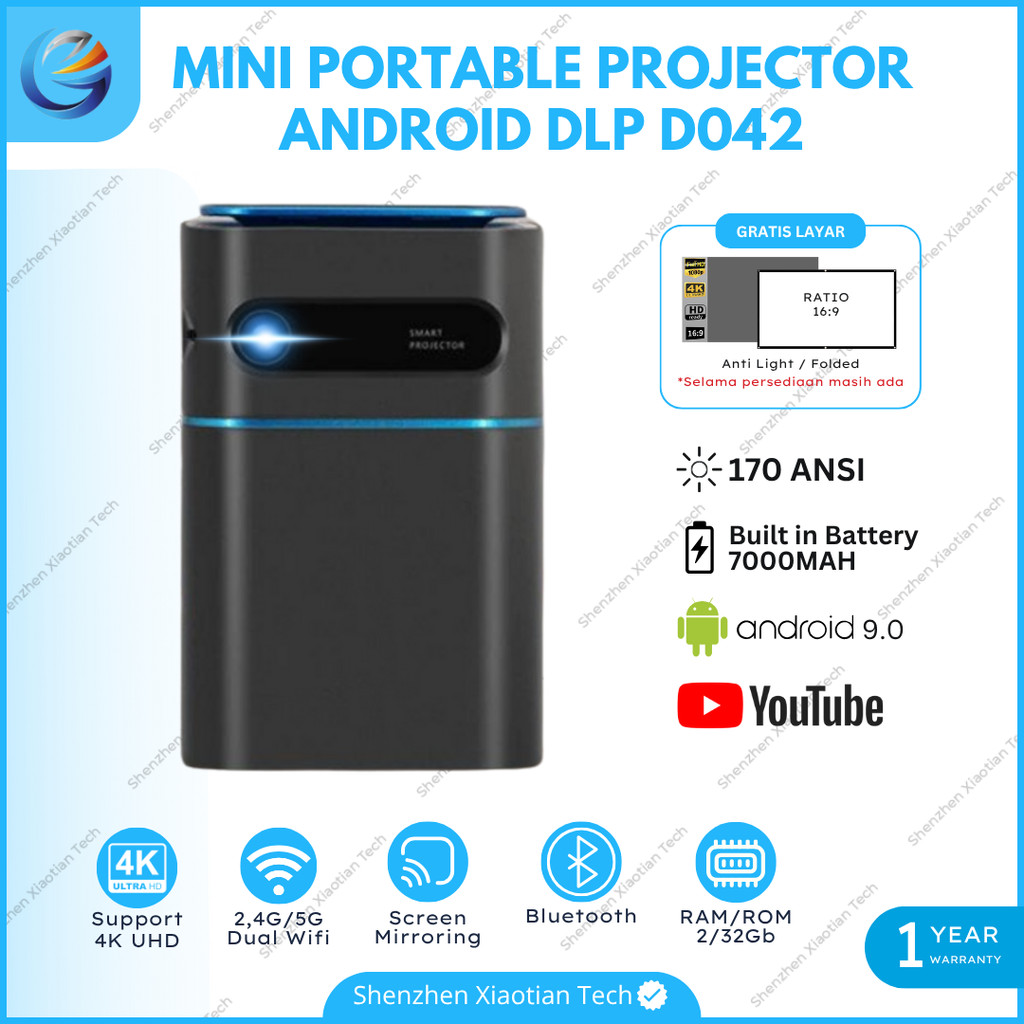 Jual Proyektor DLP D042 Android Wifi Built in Baterai | Proyektor D042 ...