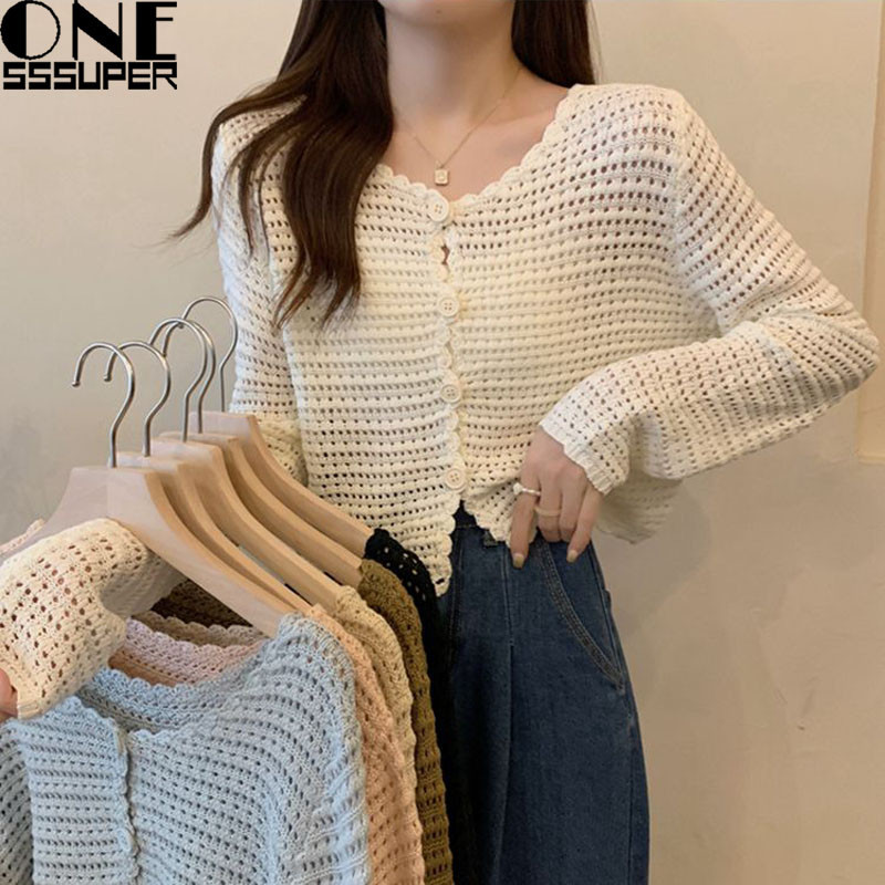 Jual Sweater wanita gaya korea Atasan kardigan kerah v berongga longgar kardigan rajutan lengan ...