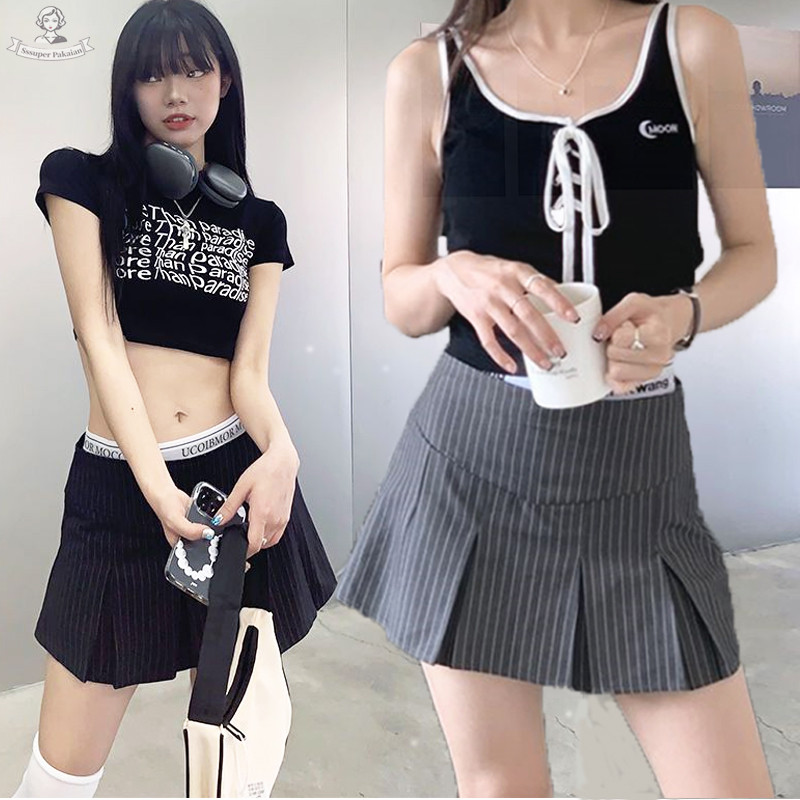Jual Rok Lipit Bergaris Pinggang Tinggi Wanita Gaya Korea Rok A-line ...