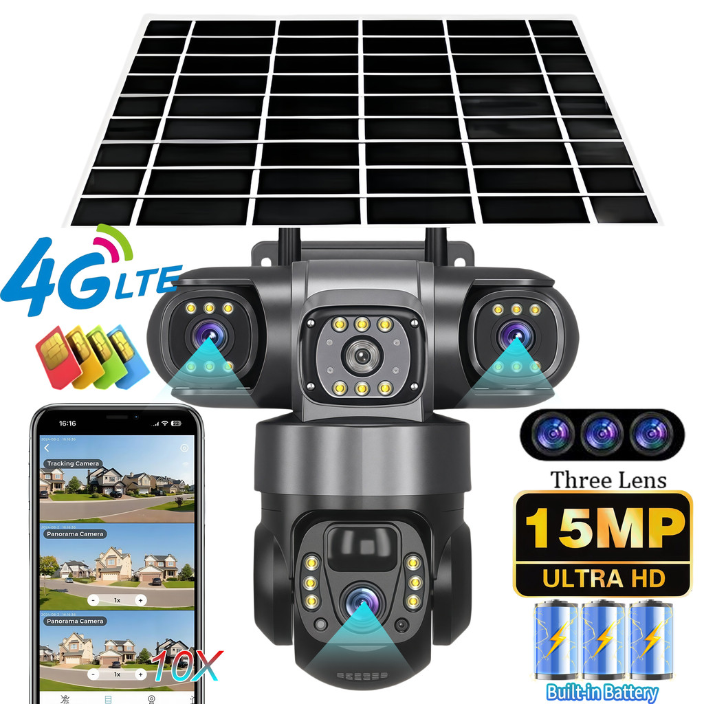 Jual V380 3 lenses 3 screens 4G Camera 15MP 6K PTZ Solar Powered ...