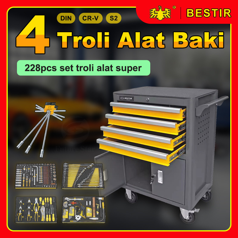 Jual Tool Box Trolley Cabinet 228 Pcs Tools Kit Set 4 Drawer Laci Susun Obeng Tang Kunci Pas ...