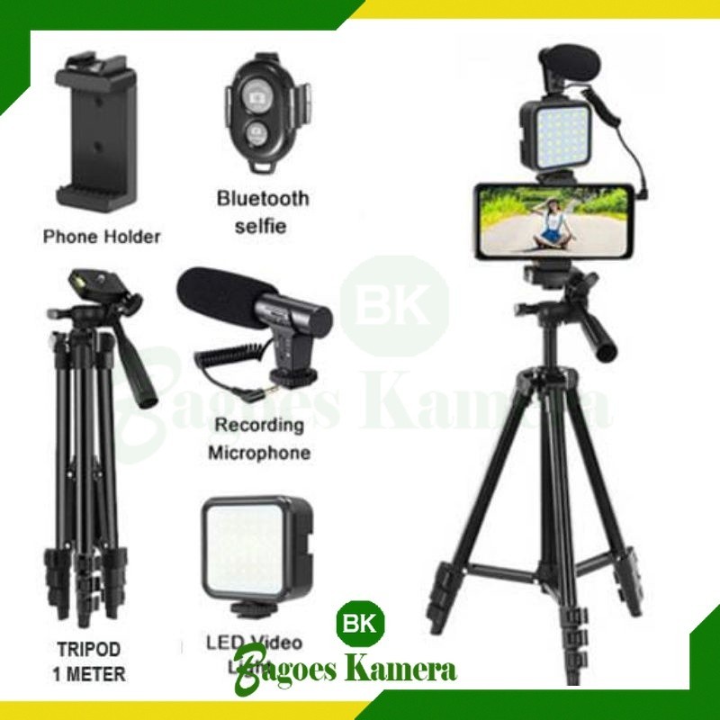 Jual [BK] Paket vlog LED lampu tripod mic holder HP all in one vlogging ...