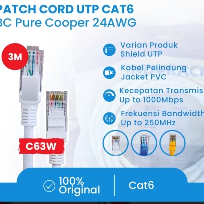 Jual Indorack Patch Cord UTP CAT6 Panjang 3M Kabel LAN BC 24AWG Kabel ...