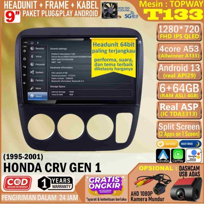 Jual Paket Headunit Android 9 inch + Frame + Soket PNP Honda CRV Gen 1 ...