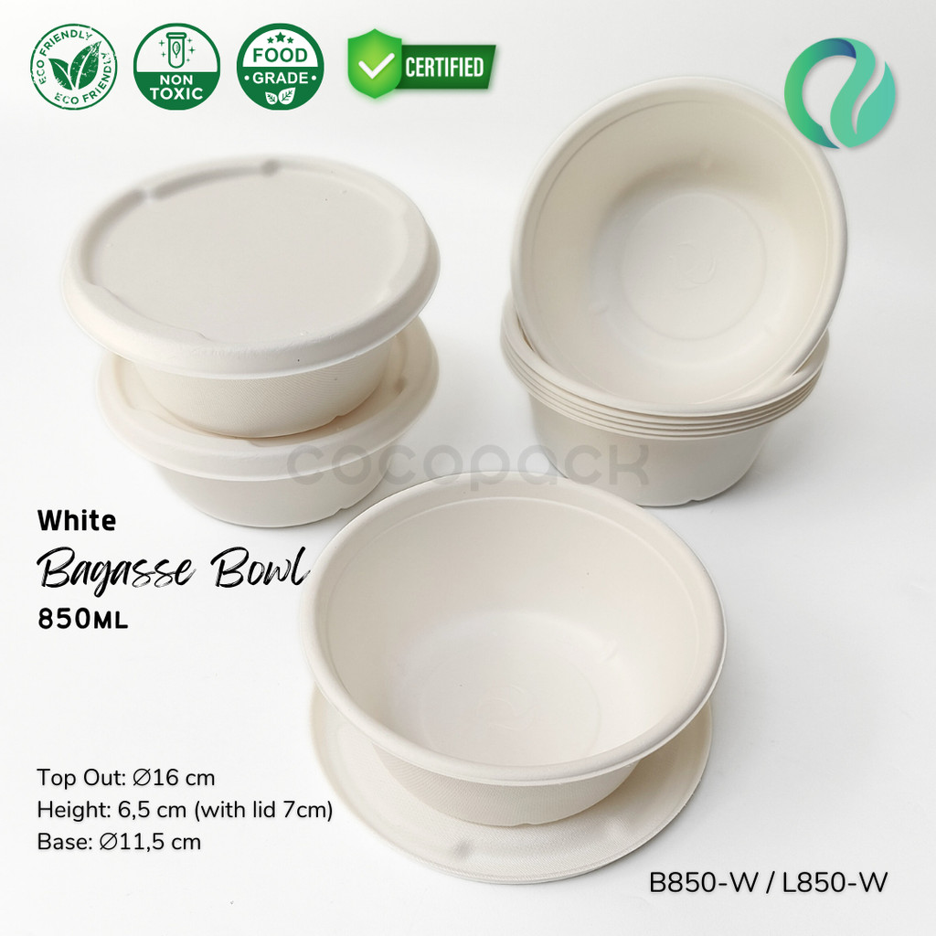 Jual 10 PCS White Bagasse Round Bowl 850ml Take Away Food Container and Pulp Lid | Shopee Indonesia