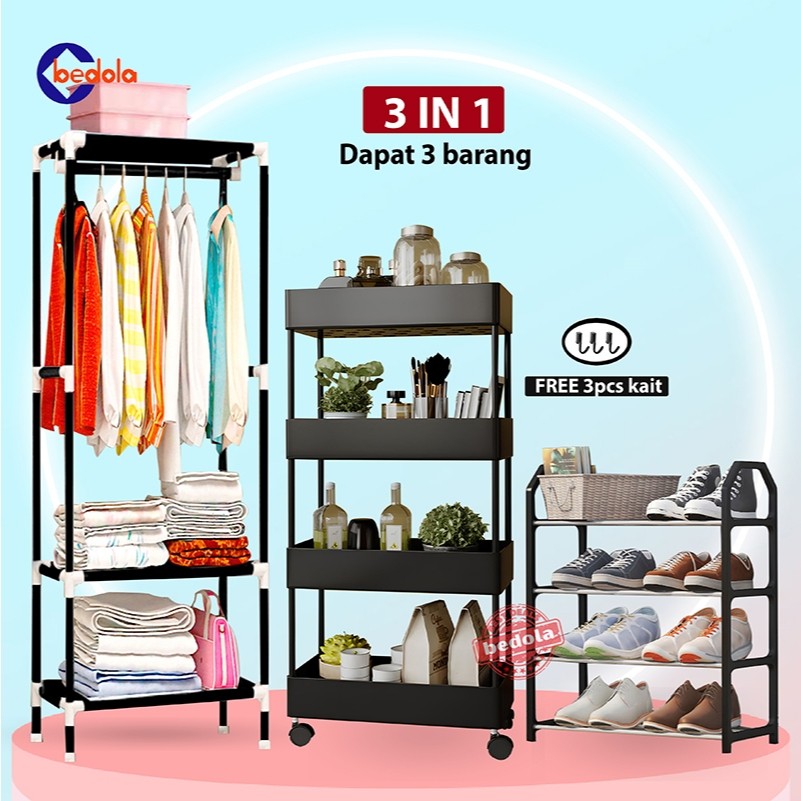 Jual JU87Y Bedola combo 3 in 1 (COD) persegi rak baju + square rak serbaguna 4 susun +rak sepatu ...