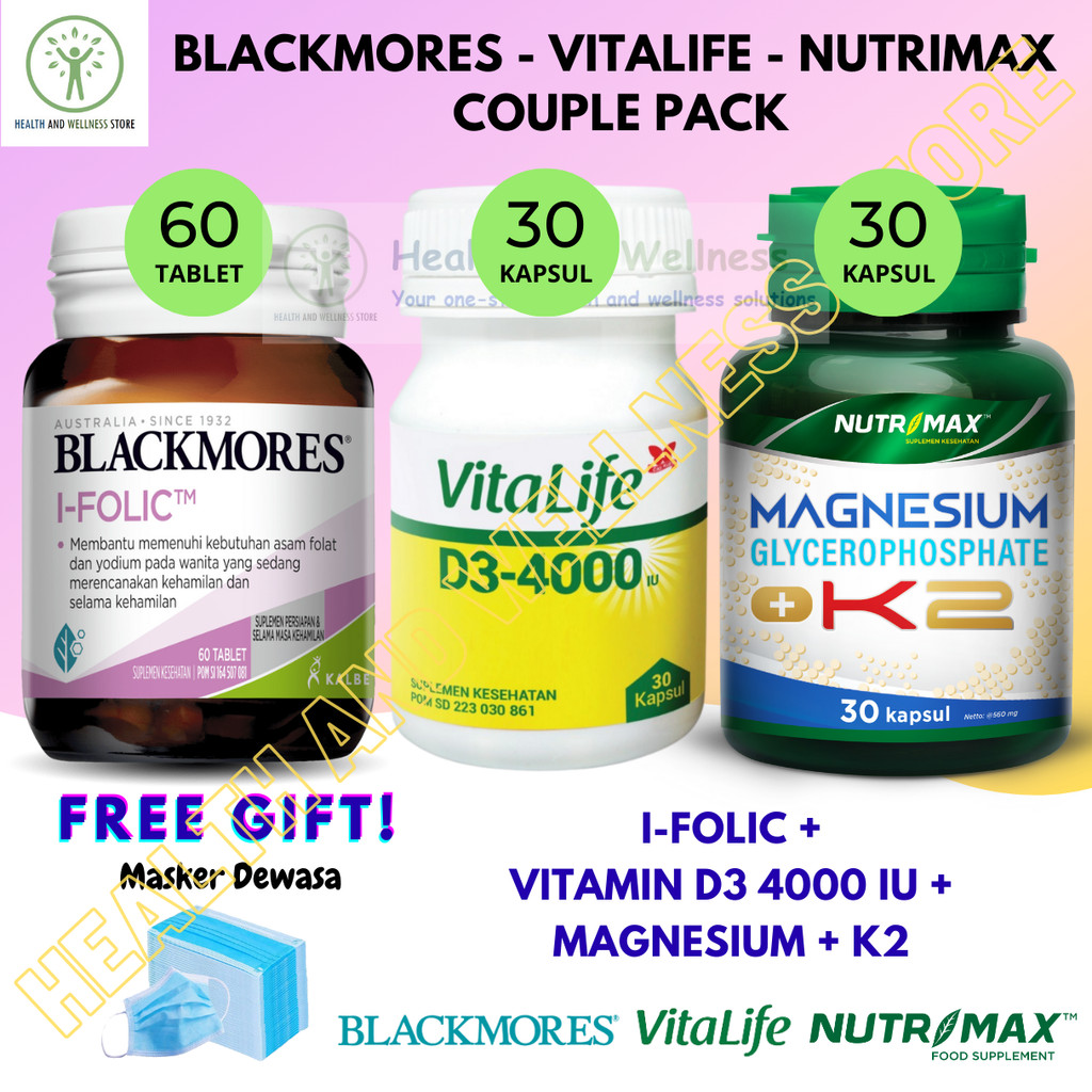 Jual PAKET BLACKMORES I FOLIC 60 TABLET VITALIFE VITAMIN D3 4000 IU 30 KAPSUL NUTRIMAX MAGNESIUM ...