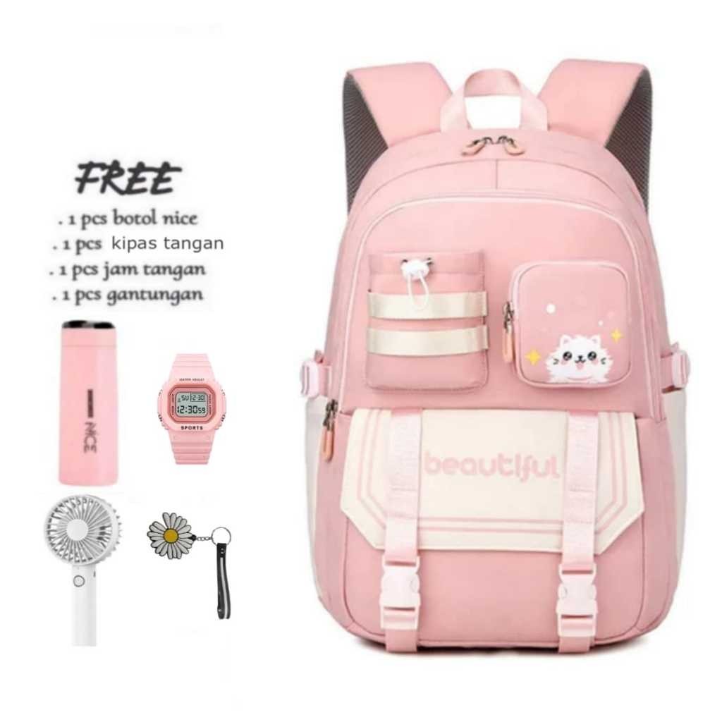 Jual RJ76TR BANYAK BONUSNYA 6IN1 Tas Ransel Sekolah Anak Perempuan Motif BEAUTIFUL CATS HAPPY ...