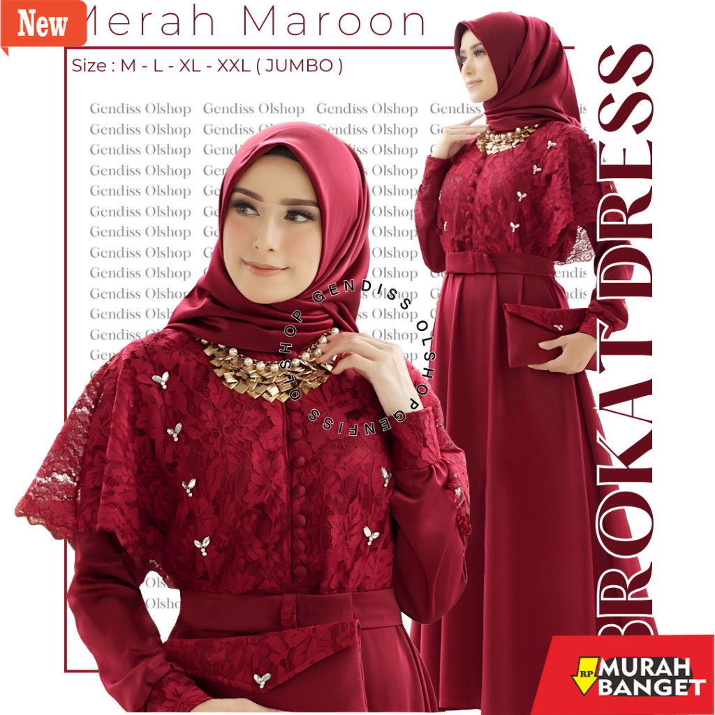 Jual gamis kekinian tahun 2024 dress merah Hati maroon brokat Gamis ...