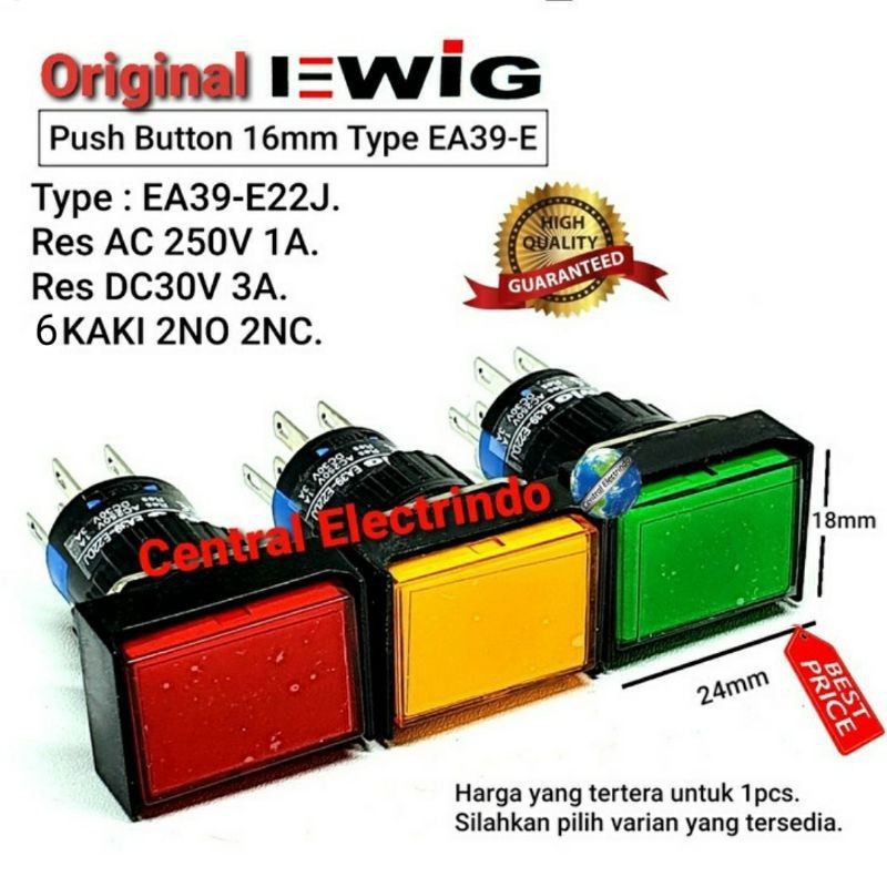 Jual Push Button Kotak Return AC 220V EA39-E22J 16mm 6Kaki 2NO/2NC ...