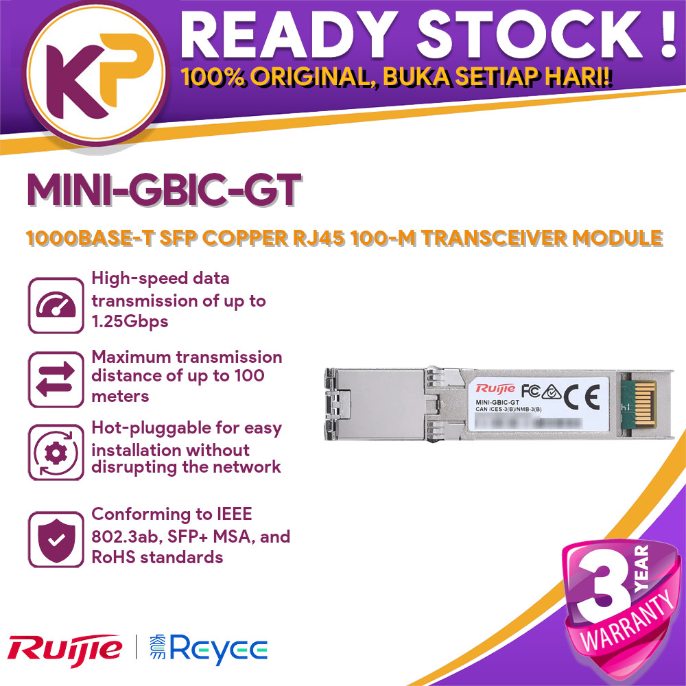 Jual RUIJIE REYEE MINI-GBIC-GT 1000BASE-T SFP COPPER RJ45 100-M ...