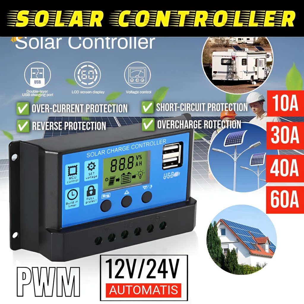 Jual Solar Charge Controller PWM Charge Management Automatic Recognize System 12V/24V 40A 30A ...