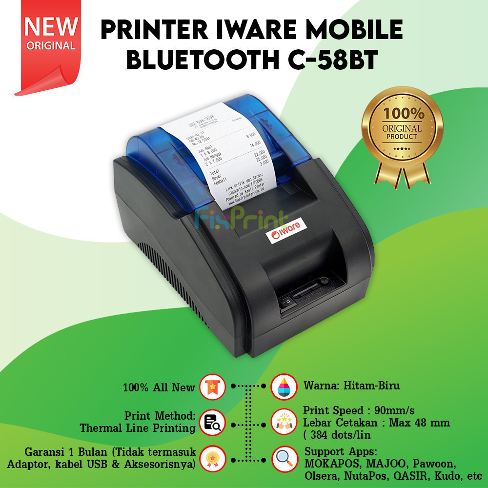 Jual Printer Thermal Kasir Iware USB + Bluetooth C-58BT 58BC C-58BT MP-58II MP58X C-5813 ...